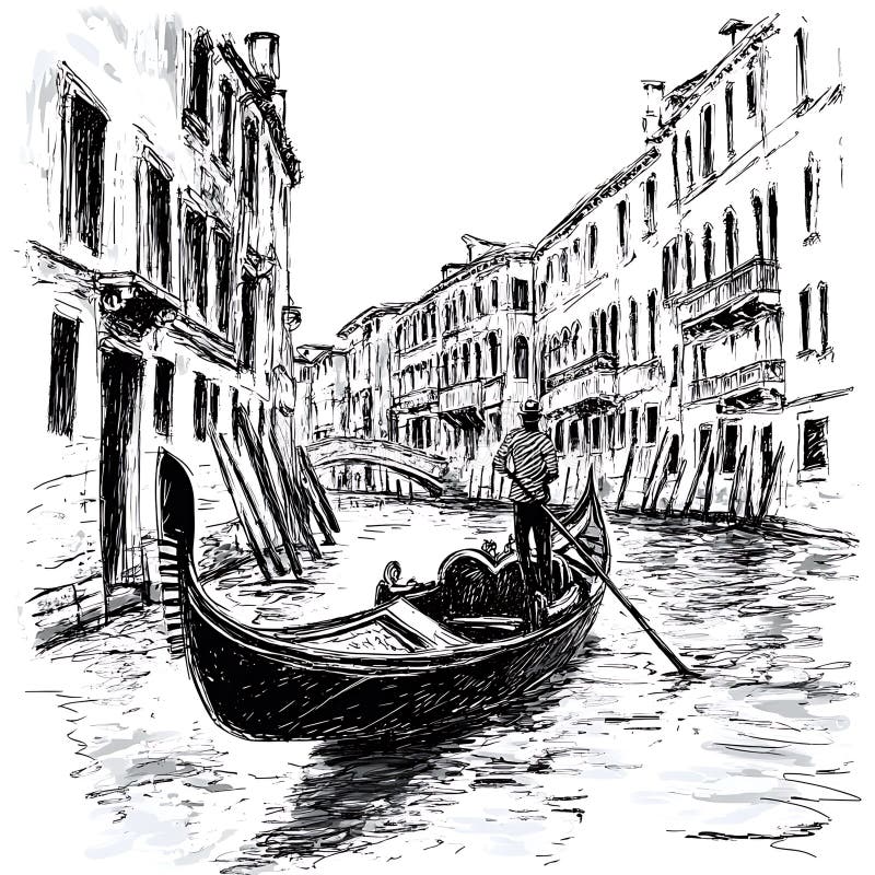 Gondola on Venetian Canal, Sketch. (3 Stock Illustration - Illustration ...