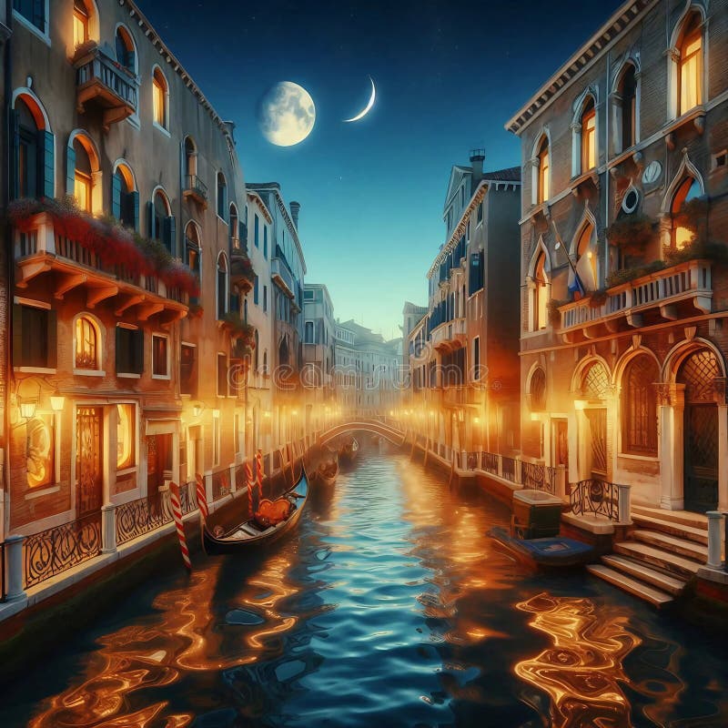 Gondolas Float Along a Tranquil Canal, with Historic Buildings Aglow in ...