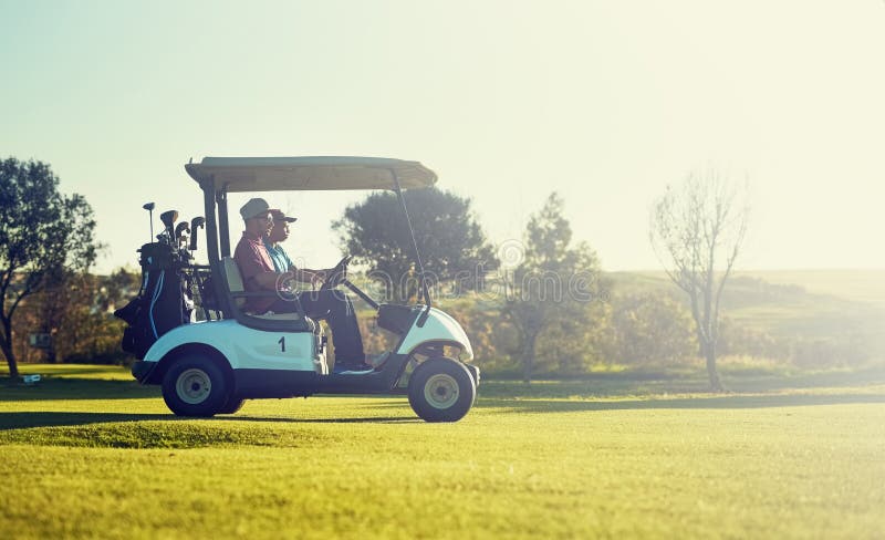 Gone Clubbin. Two Golfers Riding in a Cart on a Golf Course. Stock ...