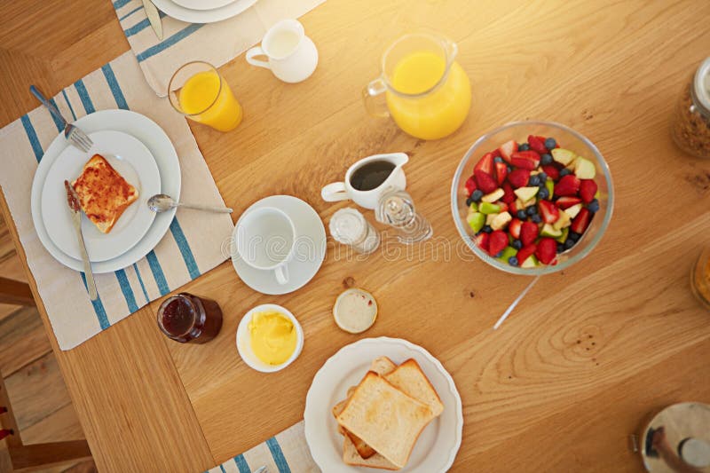 Good Breakfast, Great Day. High Angle Shot of a Breakfast Table. Stock ...