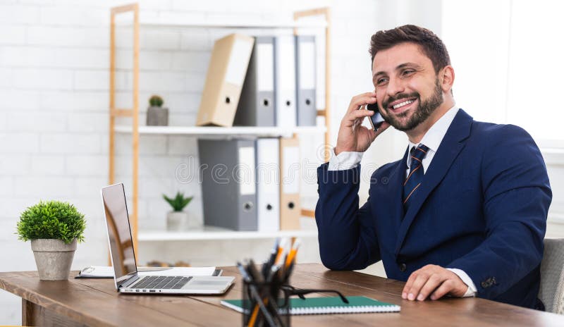 Good Business Talk. Man Talking on Phone and Smiling Stock Photo ...