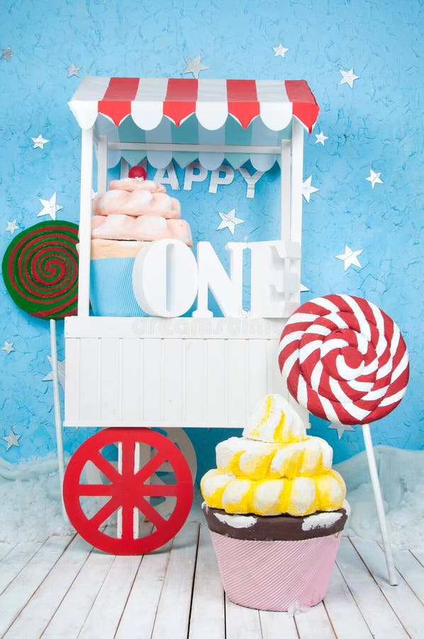 A Good Cart with the Letters One with Cakes and Sweets. Stock Photo ...