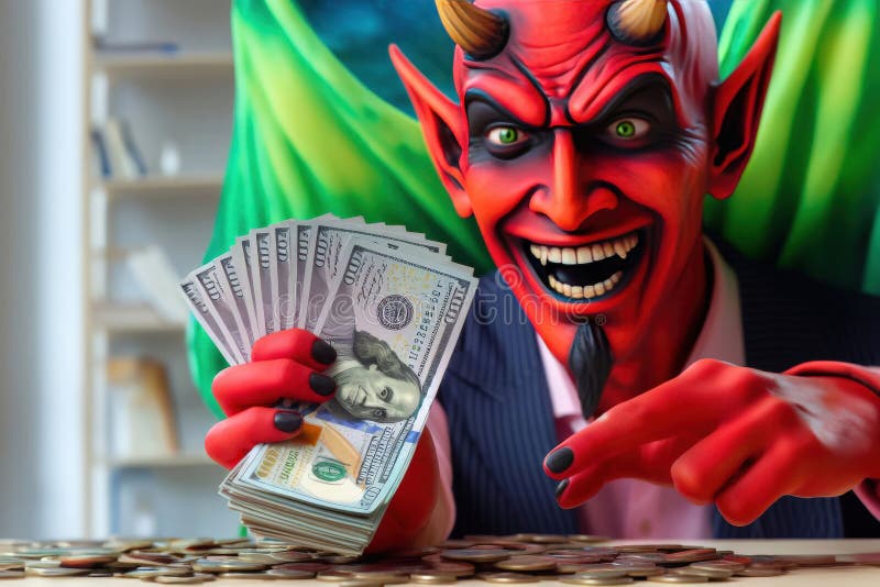 The Good Devil Offers Money and Holds a Large Amount of Banknotes in ...