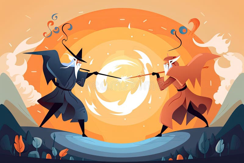 Good and Evil Cartoon Characters, Battling Each Other with Magic Spells ...