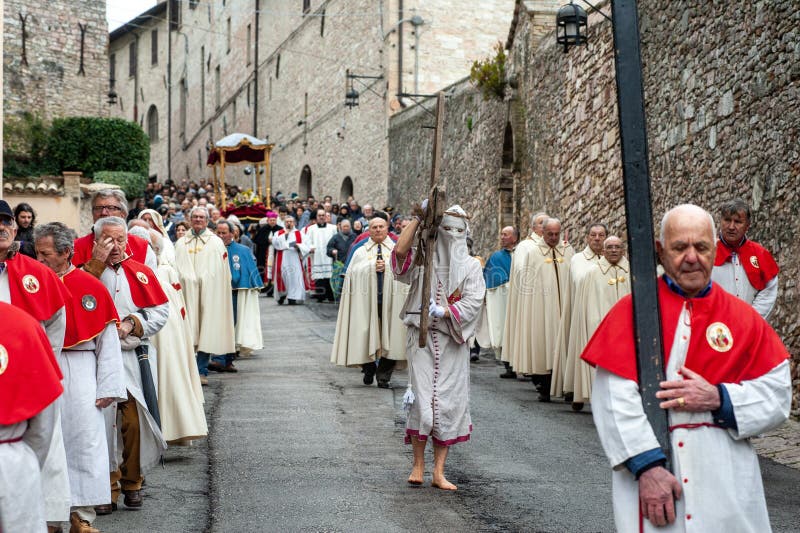 The Good Friday Procession in Assisi with the Penitent Cross-bearer and ...