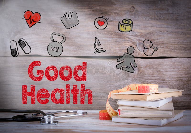 Good Health. Stack of Books and a Stethoscope on a Wooden Background ...