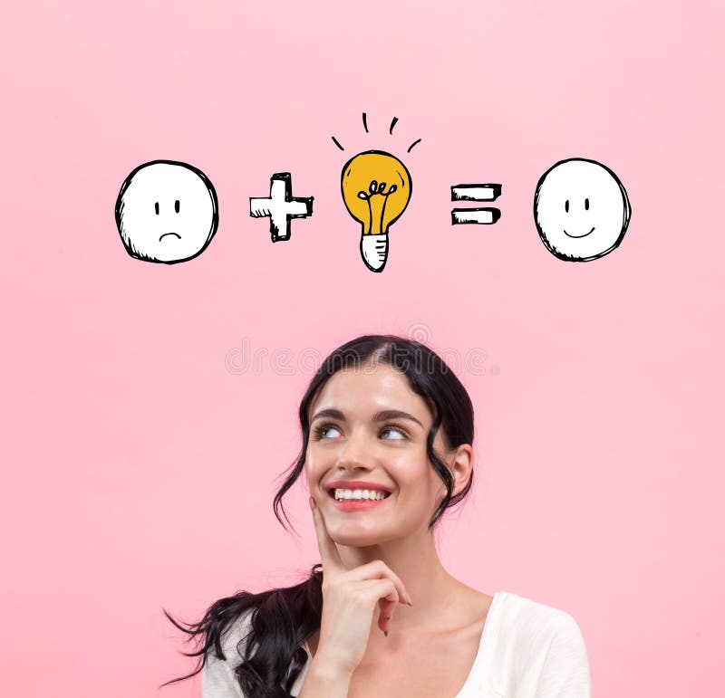 Good Idea Equals Happy with Young Woman Stock Illustration ...