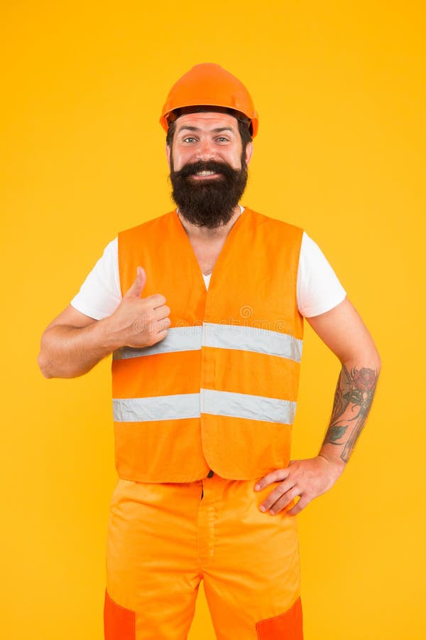 Good Job. Man Engineer Protective Uniform Orange Background ...