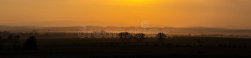 Panoramic Orange Sunset Over the Fields. Stock Image - Image of field ...
