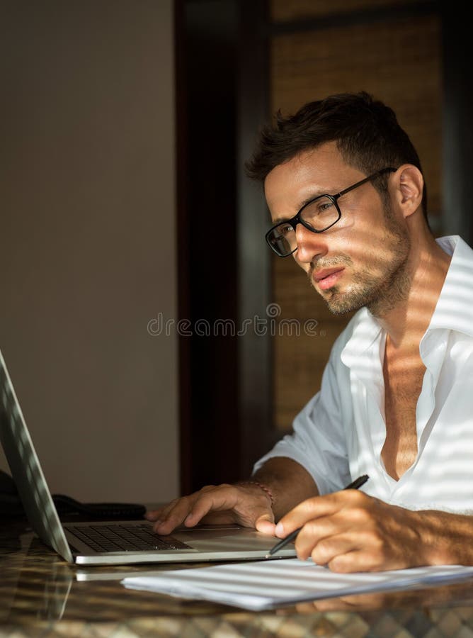 Good-look Men Sitting Front Laptop and Thinking Stock Image - Image of ...