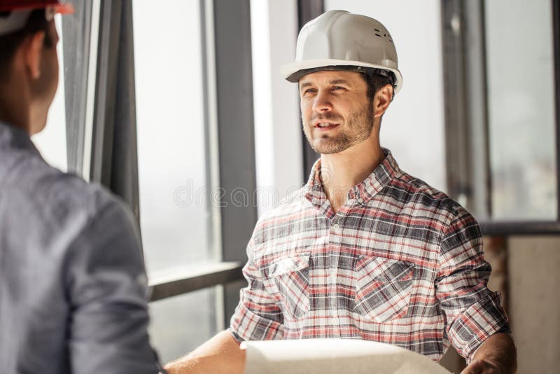 Good Looking Construction Worker Sharing with the Experience Stock ...