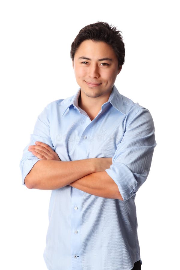 Good Looking Man in Blue Shirt Stock Image - Image of focused, crossed ...