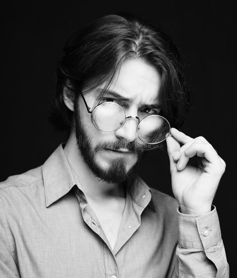 Good Looking Man in Glasses, Portrait, Black and White Stock Image ...