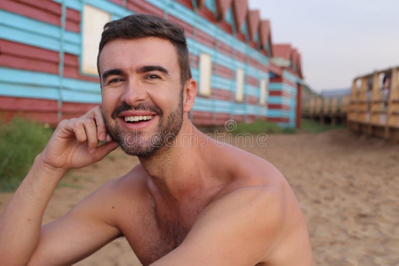 Good Looking Shirtless Man Smiling at the Beach Stock Photo - Image of ...