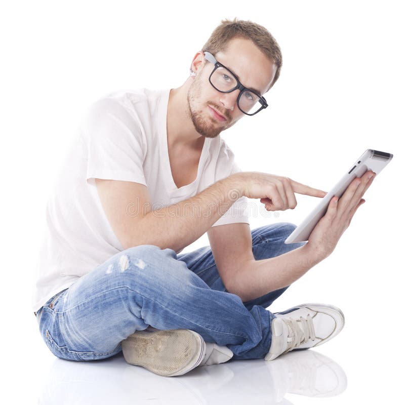 Good Looking Smart Nerd Man with Tablet Computer Stock Image - Image of ...