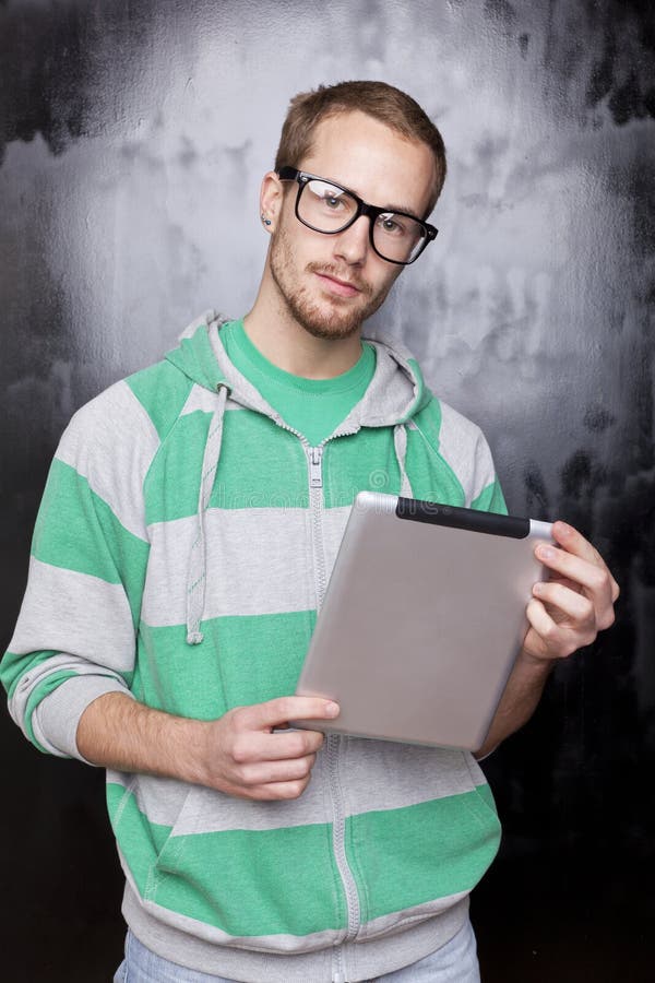 Good Looking Smart Nerd Man with Tablet Computer Stock Image - Image of ...