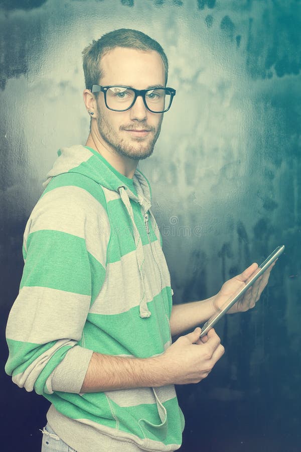 Good Looking Smart Nerd Man with Tablet Computer Stock Image - Image of ...