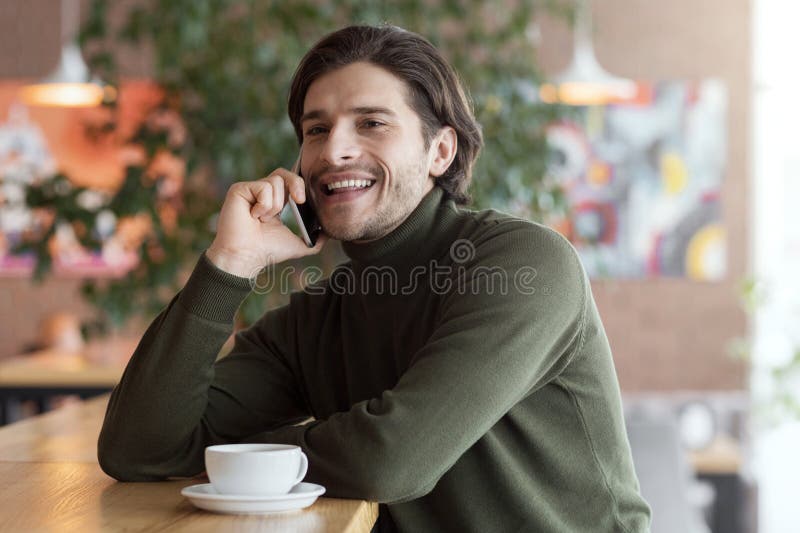 Good Looking Young Man Talking Smartphone Lounge Cafe Stock Photos ...