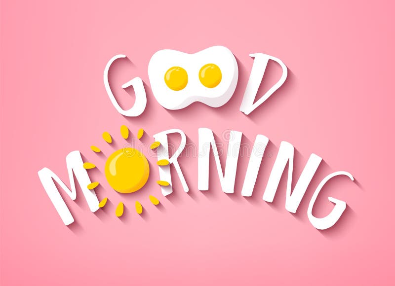 Good Morning Banner With Cute Text, Sun And Fried Egg On Pink ...