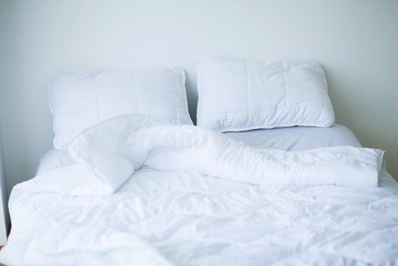 Good Morning. Bed and Pillows in White Flat Stock Image - Image of ...