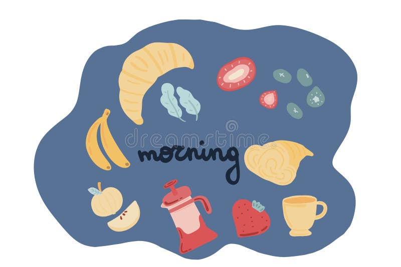 Good Morning Breakfast Brunch Croissant Hand Drawn Set Stock Vector ...