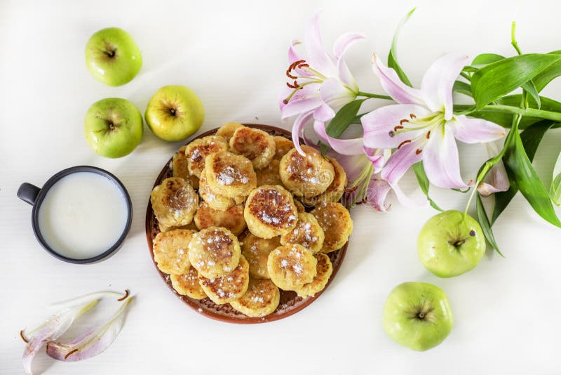 Good Morning, Breakfast with Cheese Cakes and Milk and Apples on a ...