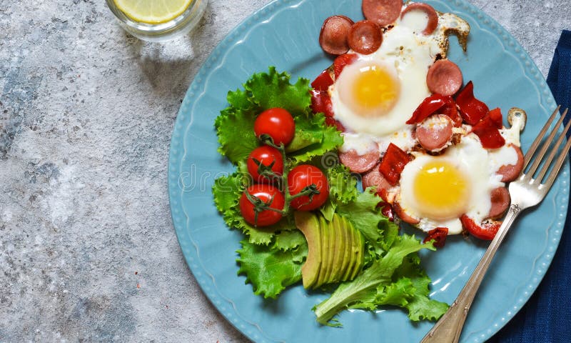 Good Morning! Breakfast Fried Eggs with Sausage and Pepper. View from ...