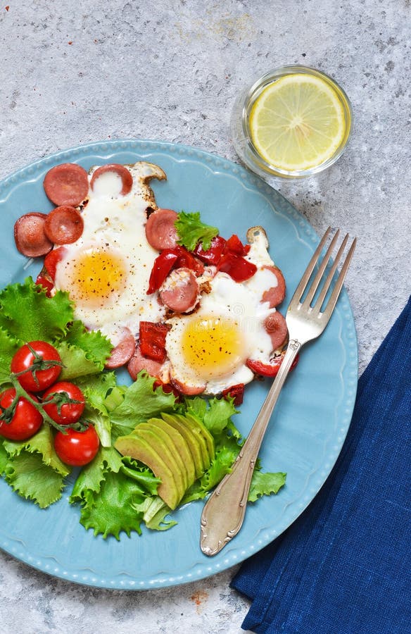 Good Morning! Breakfast Fried Eggs with Sausage and Pepper. View from ...
