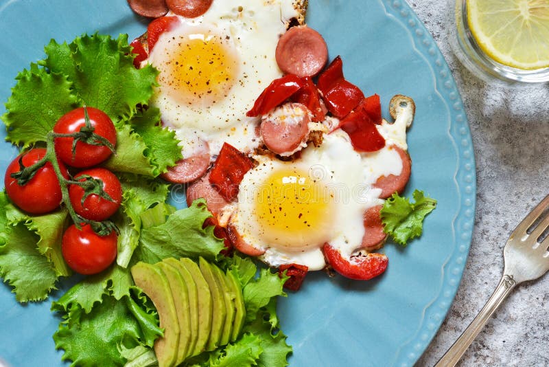 Good Morning! Breakfast Fried Eggs with Sausage and Pepper. View from ...