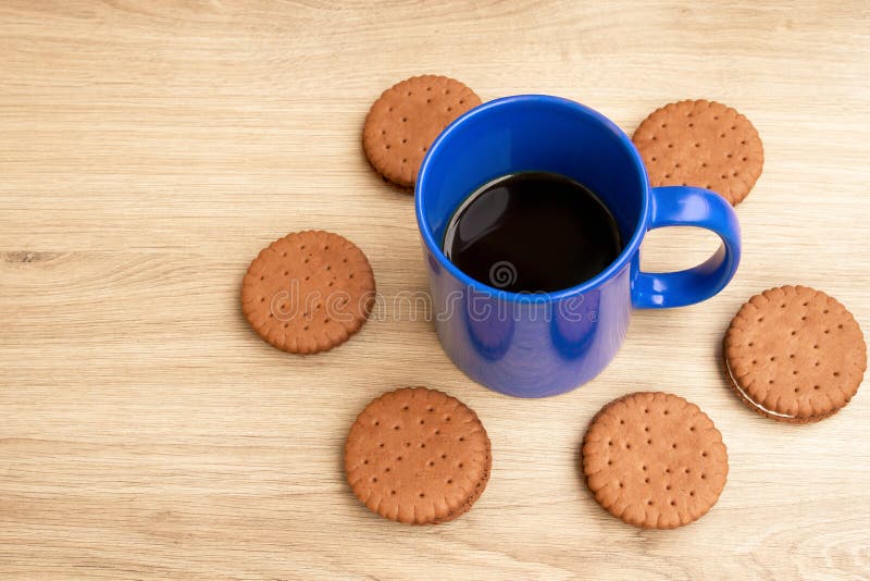 Good Morning with Coffee. a Cup of Coffee in Blue. Biscuits Stock Photo ...