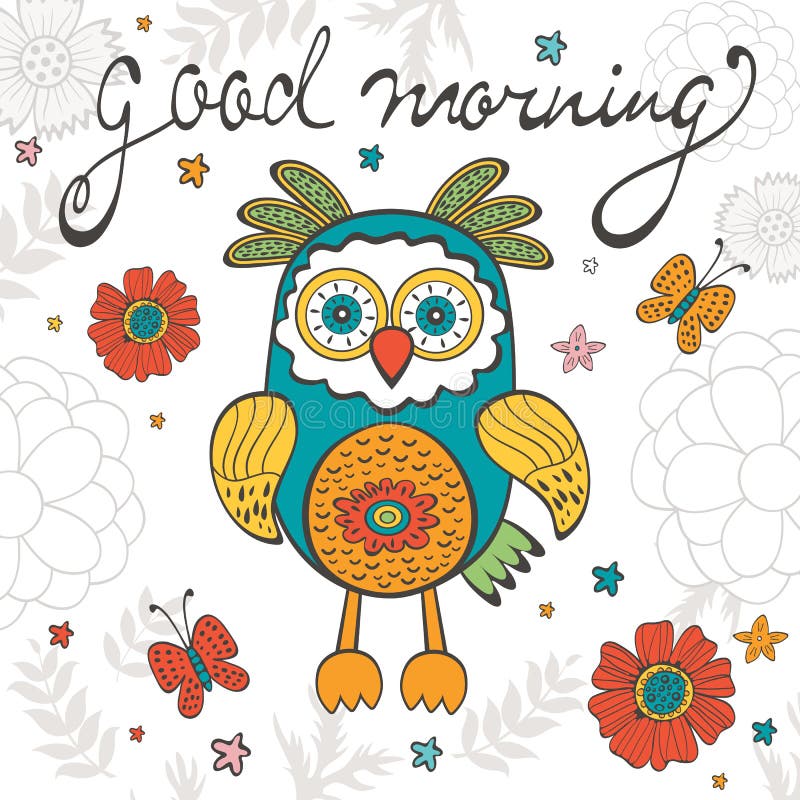 Good Morning Concept Card with Cute Owl Character Stock Vector ...