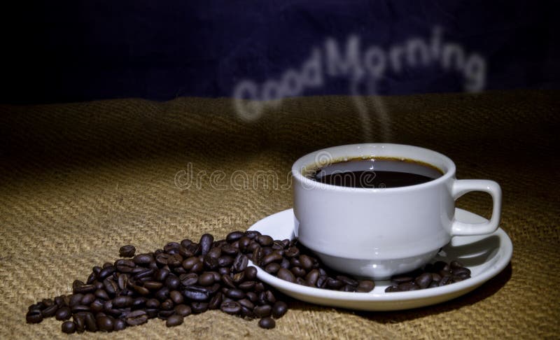 Good Morning Concept with Coffee Cup and Beans with Steam Aroma Stock ...