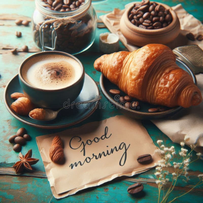 Good Morning Note with Coffee and Croissant, Vintage-Toned Breakfast on ...