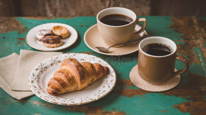 Good Morning Note with Coffee and Croissant, Vintage-Toned Breakfast on ...