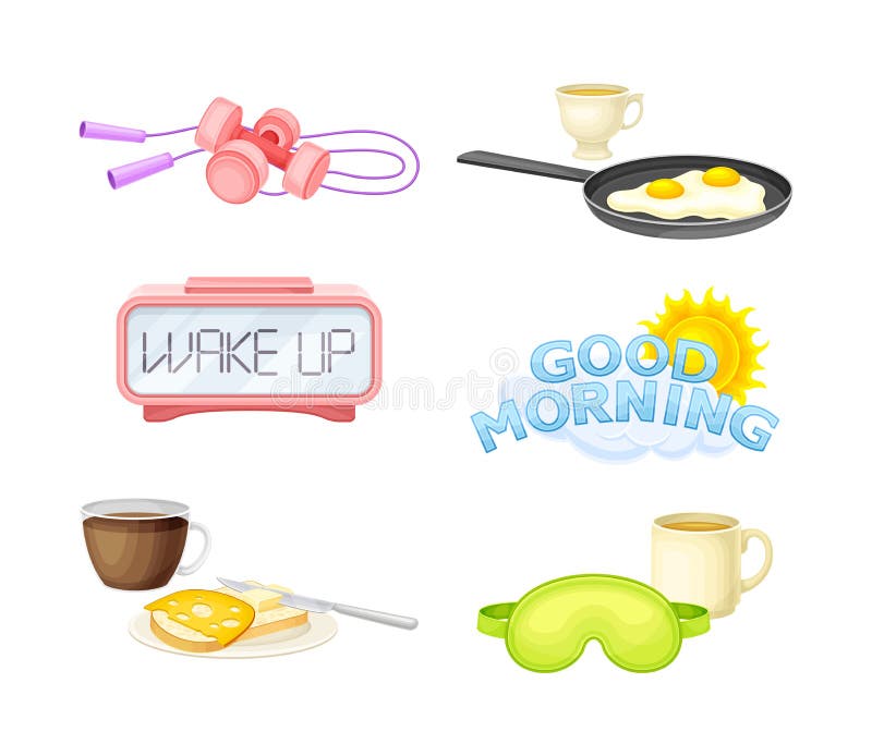 Good Morning Symbol and Attribute with Alarm Clock, Breakfast Meal ...