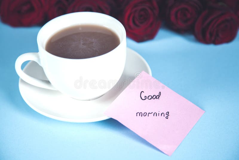 Good Morning Text with Coffee and Roses Stock Image - Image of food ...
