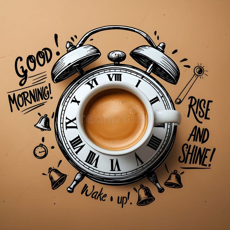 Good Morning Wake-Up Call: Coffee and Alarm Clock Art Stock Photo ...