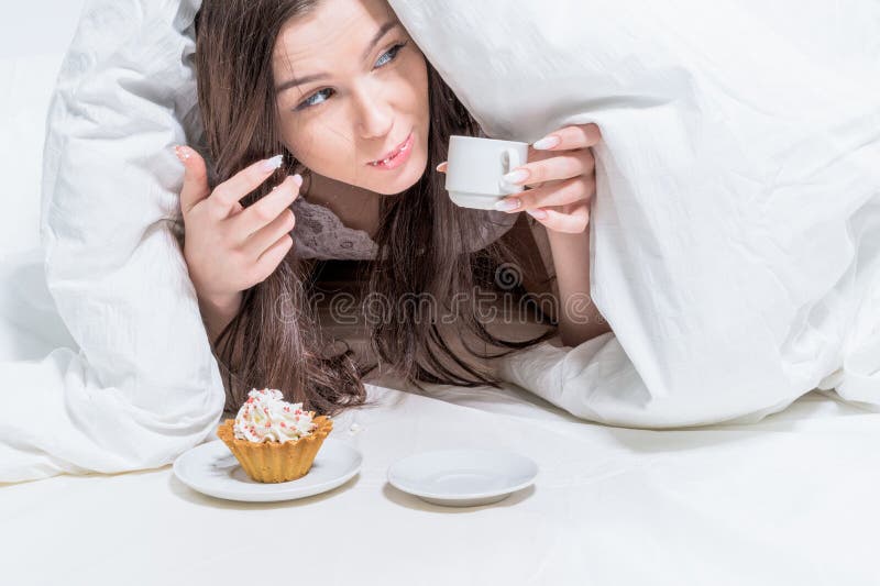 Good Morning White Bedroom The Girl Secretly Eats Breakfast Stock