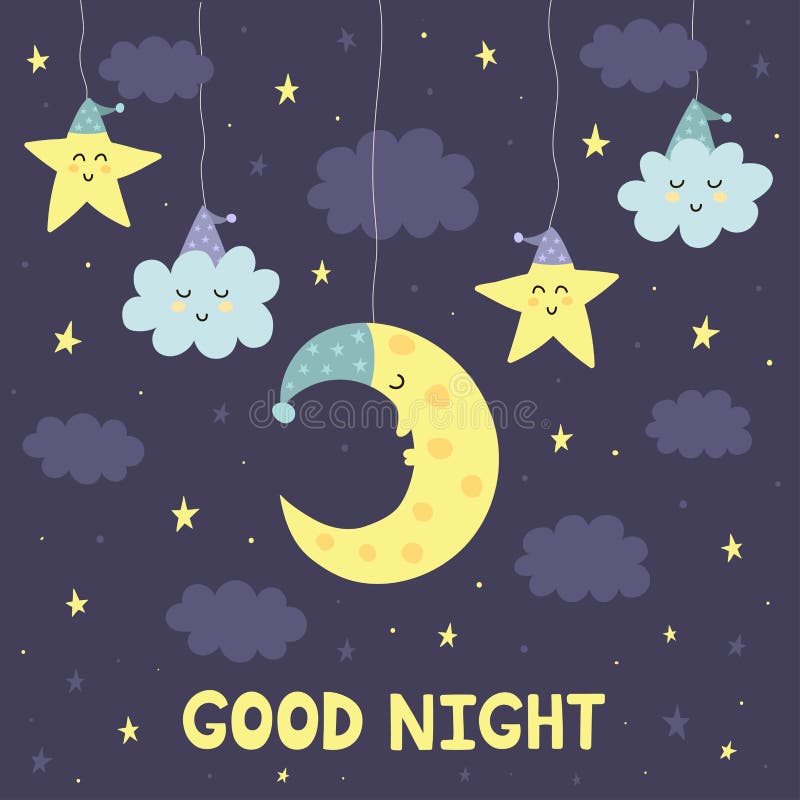 Good Night Card with the Cute Sleeping Moon and Stars Stock Vector ...