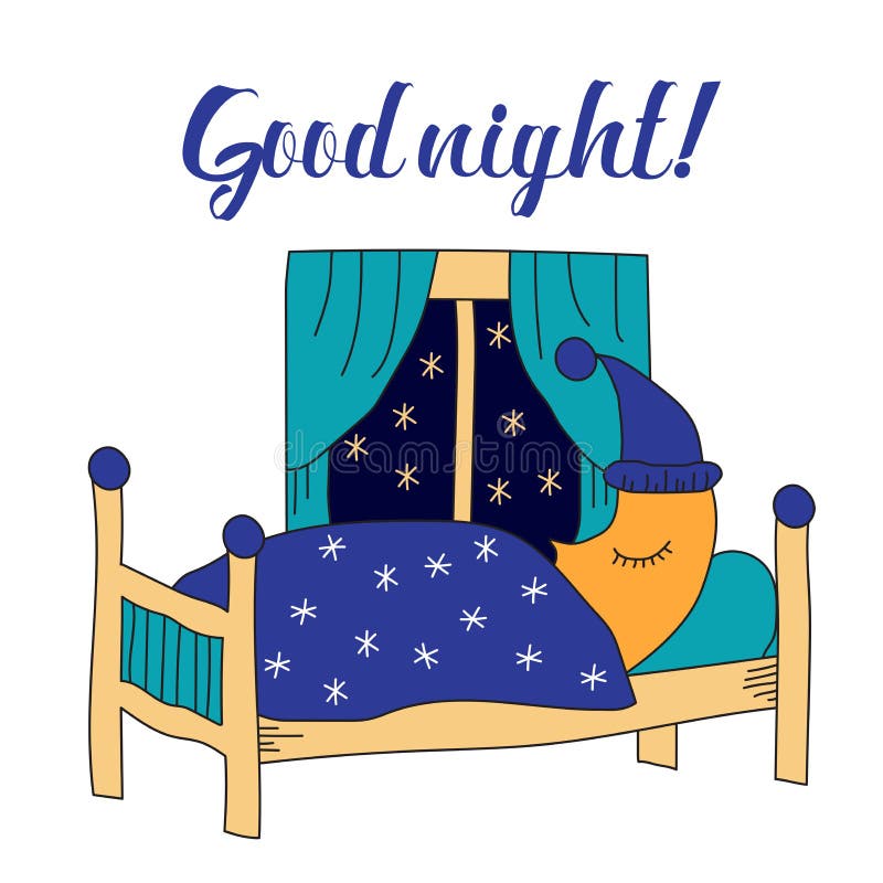 Good Night Illustration with Sleeping Moon. Stock Vector - Illustration ...