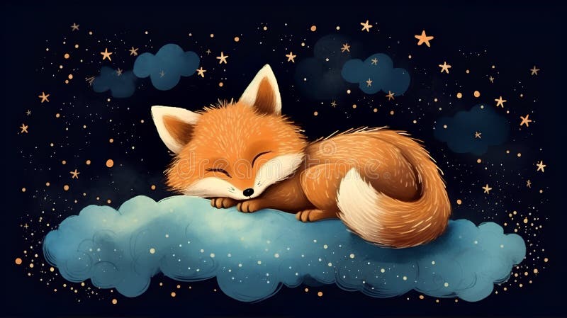 Good Night. a Postcard with a Cute Fox Sleeping on a Cloud. Stock Photo ...