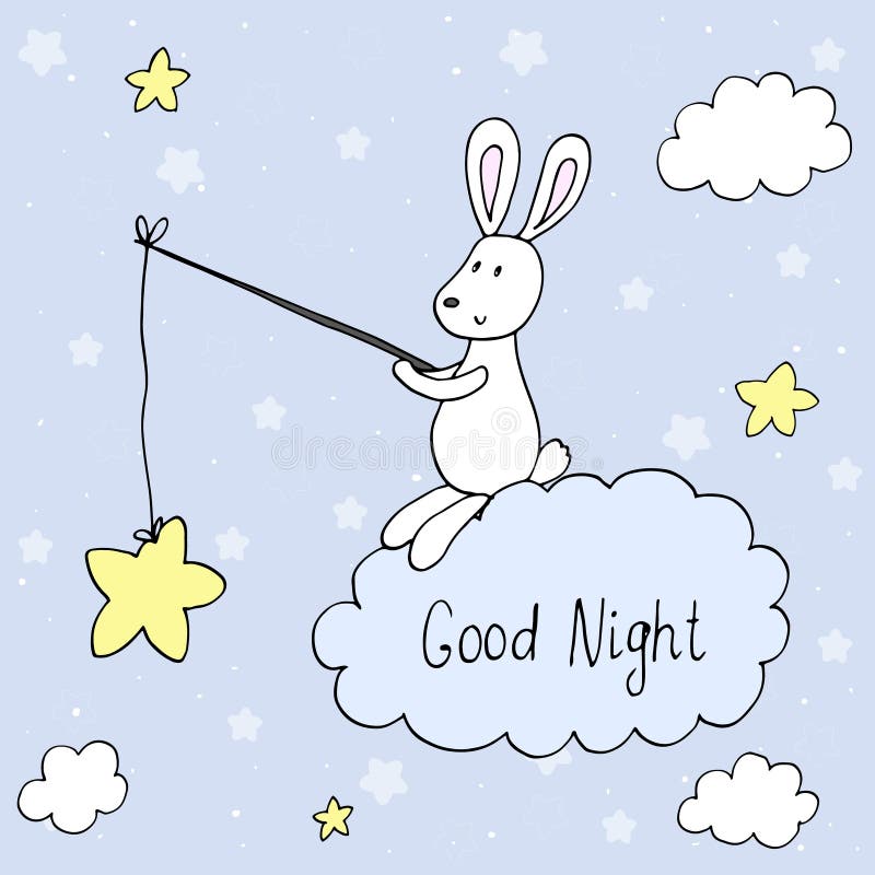 Good Night Vector Card with Cute Rabbit . Vector Print Stock Vector ...
