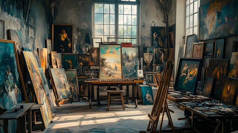Art Studio with Multiple Classical Paintings on Easels in Sunlit Room ...