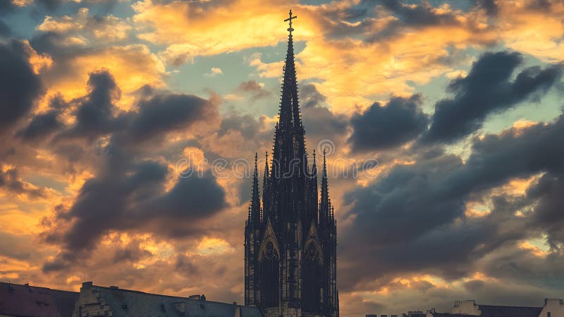 Gothic Cathedral Spire at Sunset with Dramatic Clouds in the Background ...