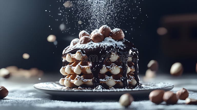Hazelnut Chocolate Waffle Stack with Powdered Sugar and Whole Nuts ...