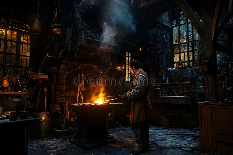 Male Blacksmith Forging Metal in Rustic Workshop with Glowing Forge ...