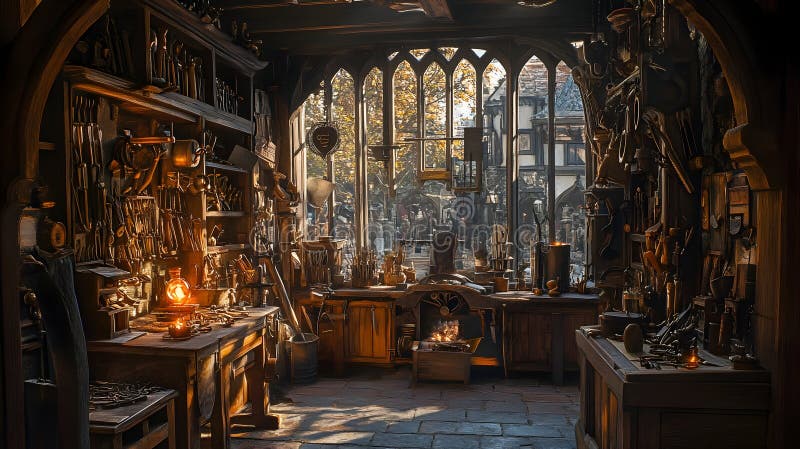 Medieval Blacksmith Workshop with Sunlit Tools and Rustic Interior ...