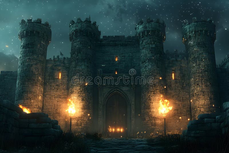 Medieval Castle at Night with Torches and Stars Stock Photo - Image of ...