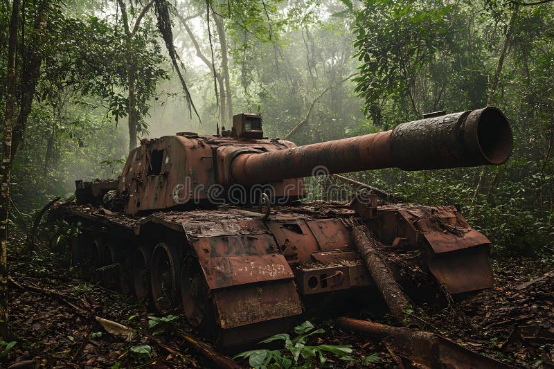 Rusty Abandoned Tank in Dense Jungle Environment Surrounded by Lush ...