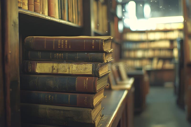 Stack of Antique Books in a Cozy, Dimly Lit Library Stock Photo - Image ...